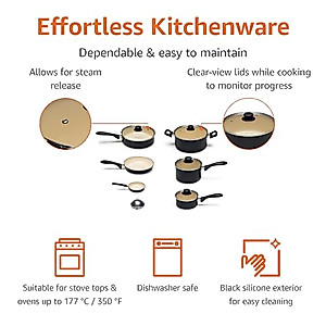 Amazon Basics 11-Piece Ceramic Non-Stick Pots and Pans Set, Dishwasher & Oven Safe, Non-Toxic, Easy Clean, Black/Cream