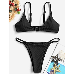 ZAFUL Women's O-Ring Bikini Strappy Bikini Set Cheeky Bottom Two Piece Swimsuit Bathing Suit(2-Z-Black, M)