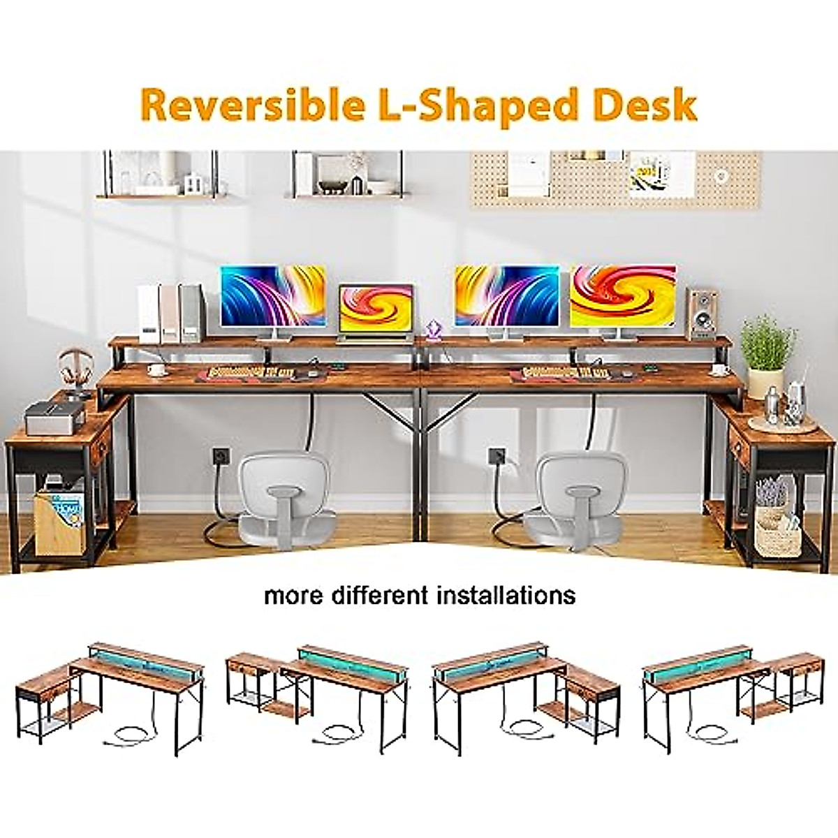 Furologee L Shaped Computer Desk with Drawer, Reversible Corner Desk/83 Long Desk with LED Lights & Power Outlets, Home Office Gaming Table with 2 Shelves and Monitor Stand-(47.2+39.4) in