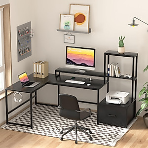 GreenForest 70" L Shaped Desk with Power Outlets & Printer Shelf,Reversible Computer Desk with Drawer & Monitor Stand,Home Office Gaming Desk with Storage Space,Black