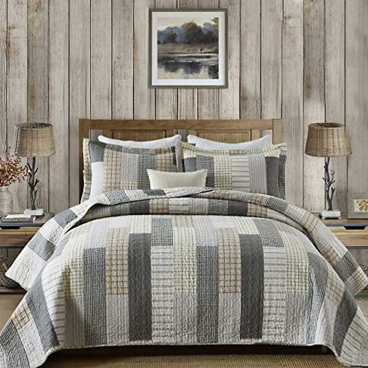 Qiqiong Quilt King Size,Patchwork Quilt Bedding Set 100% Cotton Plaid Bedspread King Size Lightweight Coverlet Comforter Set Quilted Bedspreads All Season,Gray/Charcoal/Cream/Beige 3 Pieces