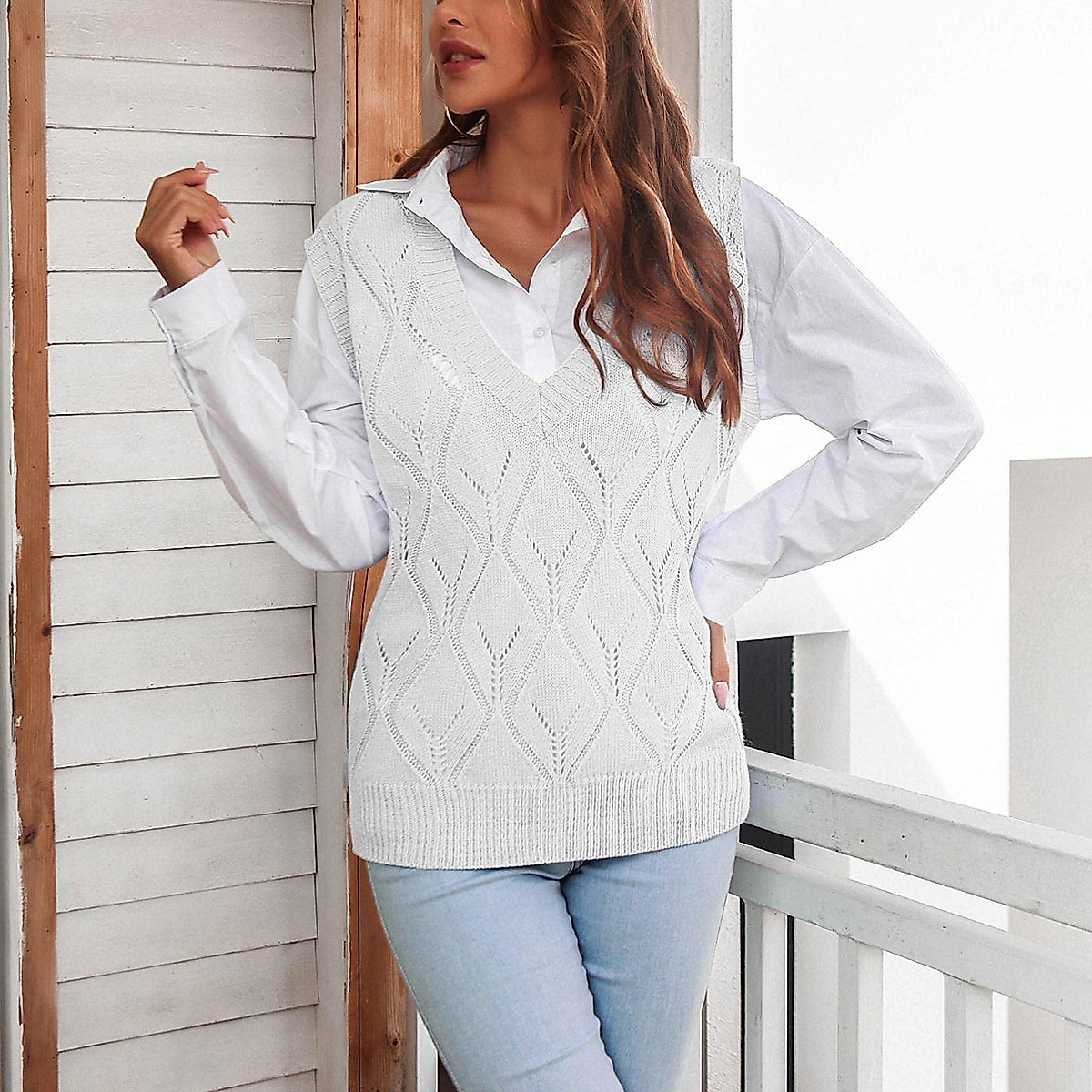 Padaleks Women V Neck Knit Sweater Vest Loose Sleeveless Oversized Knitwear Pullover Fall Winter Tanks for Girl