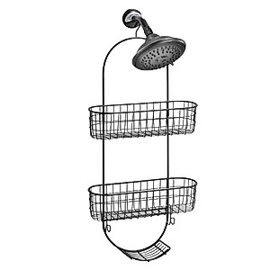 mDesign Steel Metal Curved Bathroom/Shower Caddy, Hanging Storage Organizer for Shampoo and Conditioner Bottles - 2-Tier Rack with Baskets - Holder for Soap, Body Wash, Concerto Collection, Black