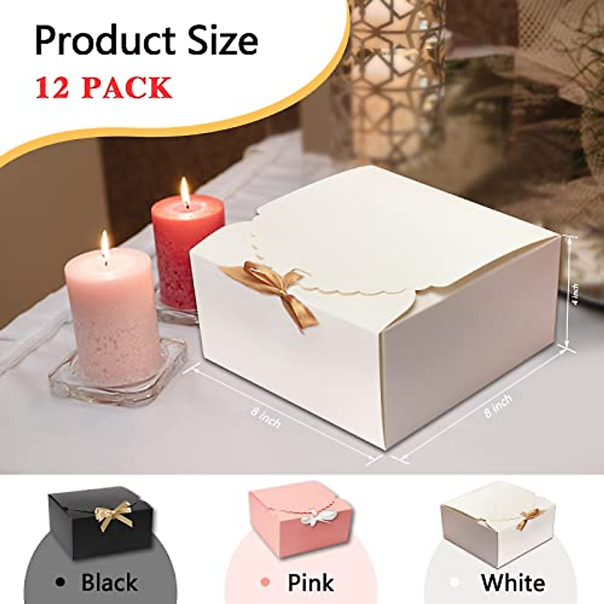 HYMENEX 12pcs Gift Boxes, Gift Boxes with Lids, White Gift Boxes 8x8x4 inches Gift Boxes with Ribbon Bridesmaid Proposal Box Gift Boxes for Presents Weddings Gift Chocolate Cupcake Crafting (White)