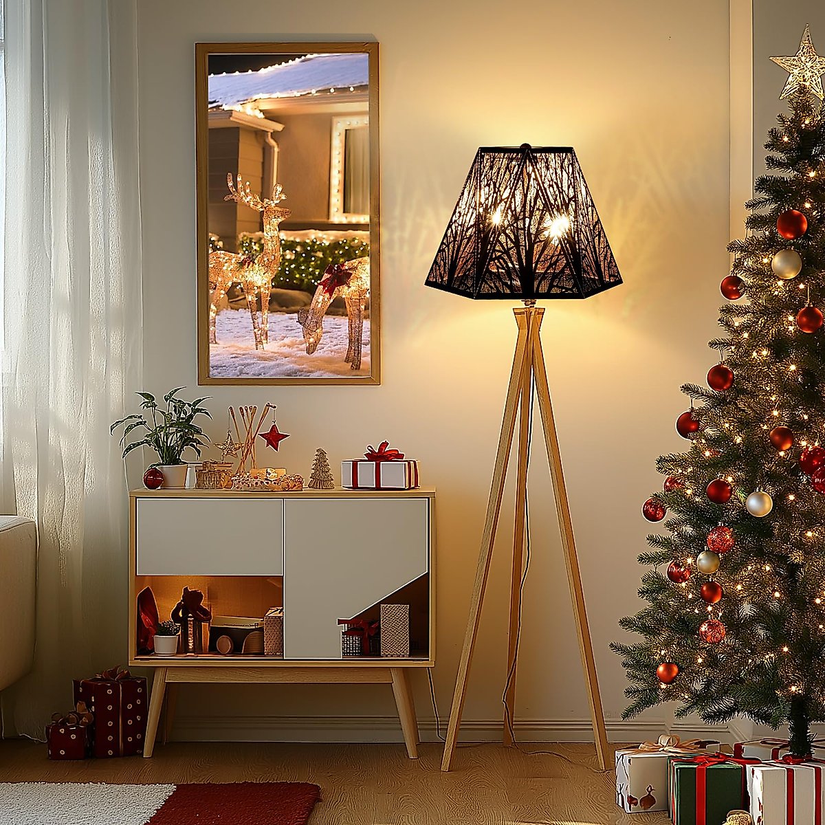 Medium Modern Style Lamp Shades with Multiple Sides, ALUCSET Metal Lampshade with Pattern of Trees for Table Lamp and Floor Light, 7 x 13.8 x 9.5 Inch, Spider (Black/Gold)