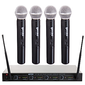 Gemini Sound UHF-04M Wireless Cordless Professional Set of 4 Handheld Microphones and Receiver for DJ, Karaoke, Stage Performance or PA System Four Pack