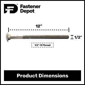 FASTENER DEPOT 1/2inches-13 x 12inches Hot Dipped Galvanized Carriage Bolt w/Nuts & Flat Washers, Quantity 25 - by Fastener Depot, LLC