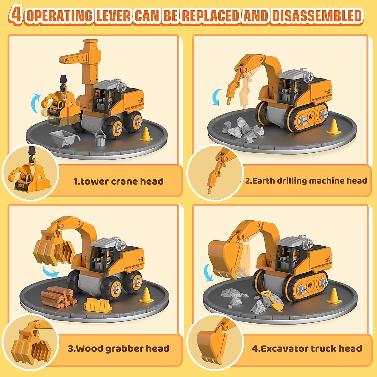 JIFTOK Constrcution Truck Toy Car for 3 4 5 6 7 8 Year Old Boys, Take Apart Toys with Electric Drill, Building Toy Playset with Excavator Toy, Tractor Toy for Kid 3-5 4-8 Christmas Birthday Gifts