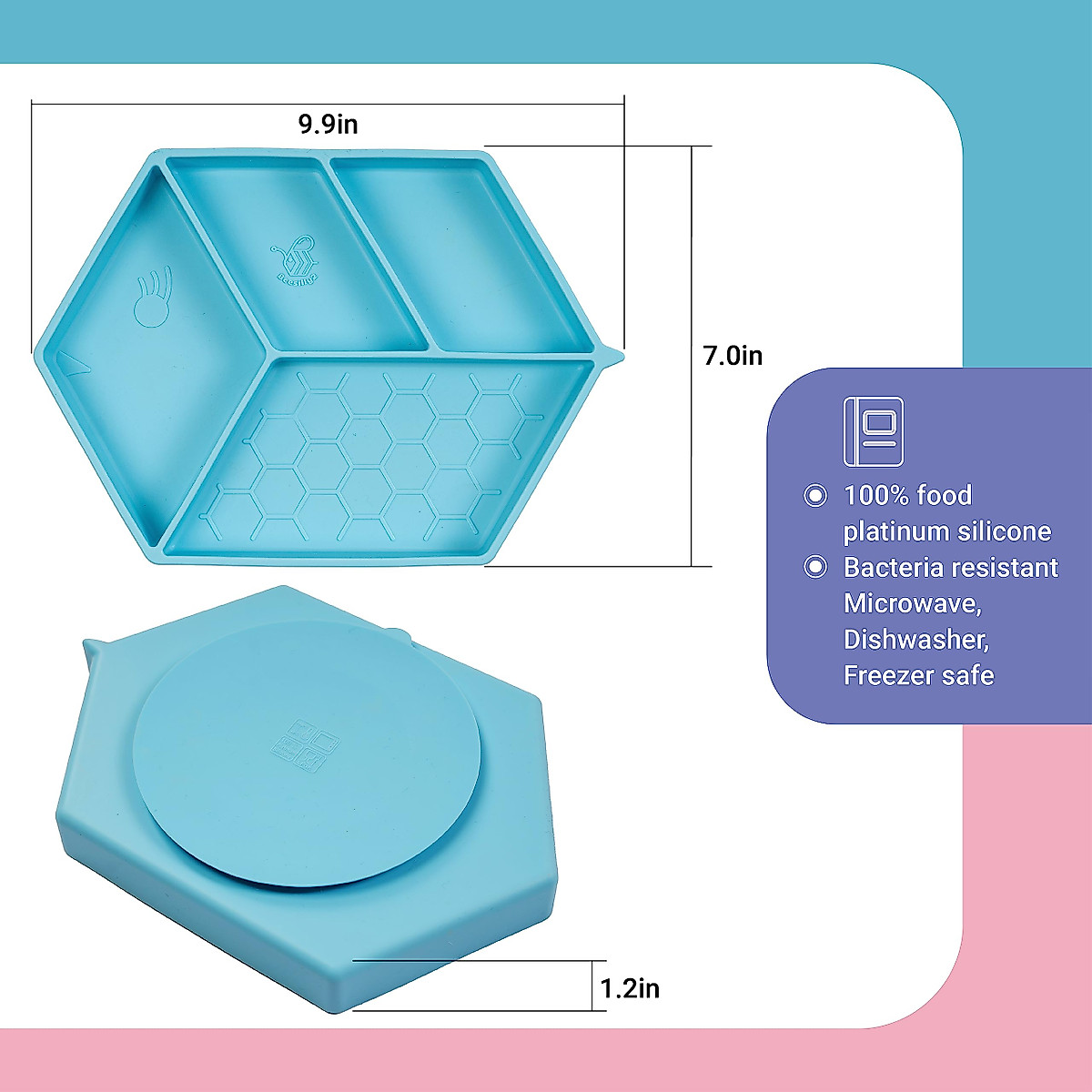 Beesilly2 Silicone Baby Suction plates with Utensil Straps - BPA Free, Microwave and Dishwasher Safe Baby plates with Suction - Single Toddler Plate with Divided Sections (Blue)