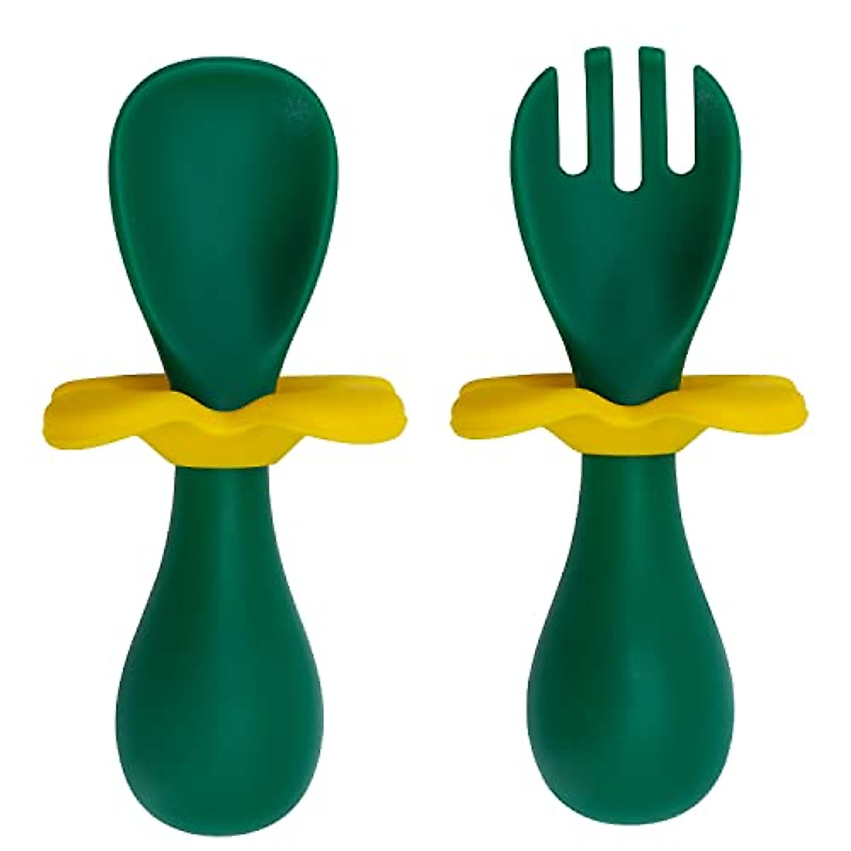 Woozle Time - Toddler Fork and Spoon - First Feeding - Training Utensils - Anti-Choke Utensils - Baby Self Feeding Spoon and Fork, Green/Yellow