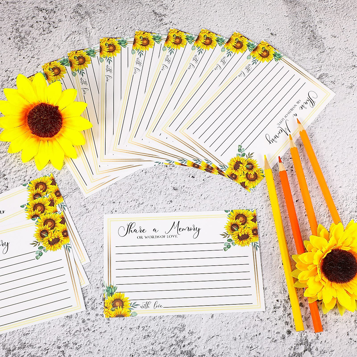 50 Pcs Sunflower Share a Memory Cards Sunflower in Memory Cards Sign Place Cards Seating Place Cards for Celebration of Life Decorations Wedding Funeral Bridal Shower Birthday Anniversary(Black Font)