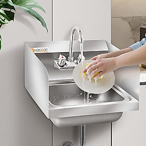 HOCCOT 304 Stainless Steel Sink, Wall Mounted Commercial Restaurant Sink, Hand Washing Sink with Side Splashes, Utility Sink for Restaurant, Kitchen, Bar, Outdoor, Garage, 17"x 15"