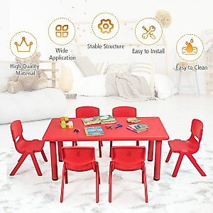 Costzon Kids Table and Chair Set, 6 Pcs Stackable Chairs, 47 x 23.5 Inch Rectangular Plastic Activity Table Set for Children Reading Drawing Playing Snack Time, Toddler School Furniture (Red)