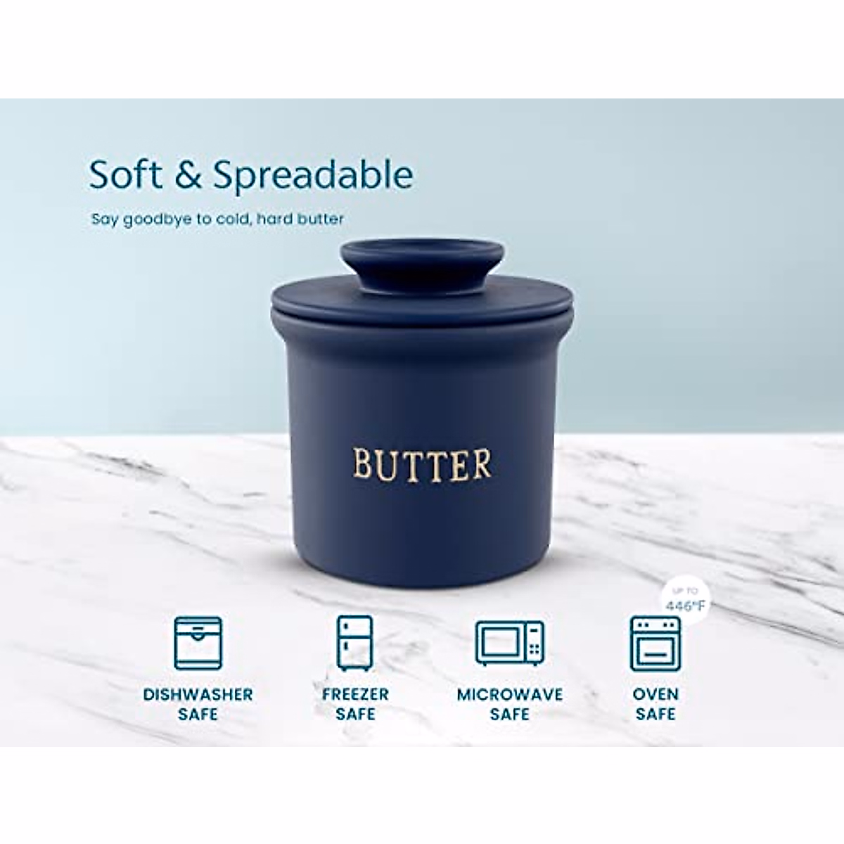 Kook Butter Keeper Dish, French Ceramic Crock with Lid, Embossed Container, For Soft Butter (Matte Navy)