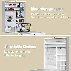 Tangkula Wall Mounted Desk, Floating Desk with Chalkboard, Space Saving Fold Up Desk Wall Mount Convertible Desk, Multi-Function Wall Mounted Table with Storage Shelves & Hooks（No Assembly Required）