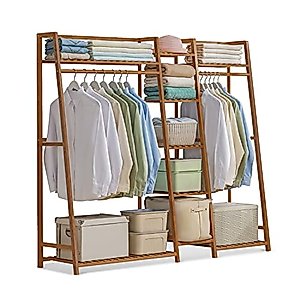 MoNiBloom Bamboo 5-Tier Garment Rack with 2 Hanging Rods Free Standing Heavy Duty Clothing Rack Wardrobe Closet Organizer for Bedroom Living Room, Brown