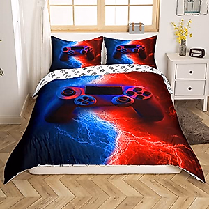 Gamer Gaming Bedding Sets Twin Size,Lightnings Gamepad Duvet Cover, Video Games Comforter Cover for Kid Teens Boys Man, Modern Bedroom Decor 2 Pcs Bedding Set,Red Blue