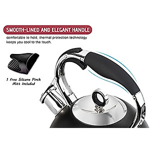 Tea Kettle - HIHUOS 3.17QT Whistling Tea Pots for Stove Top - Sleek 18/8 Stainless Steel Stovetop Kettle, Easy-grip Handle With Trigger Opening Mechanism, 1 Free Silicone Pinch Mitt Included (Black)