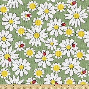 Ambesonne Ladybug Fabric by The Yard, Daisy Flora Foliage Gardening Yard Cottage Nature Exotic Bloom Design, Decorative Fabric for Upholstery and Home Accents, 3 Yards, Fern Green Yellow White