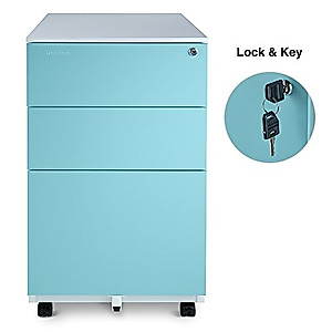 Aurora FC-103BL Fully Assembled Modern Soho Design 3-Drawer Metal Mobile File Cabinet with Lock Key, White/Aqua Blue