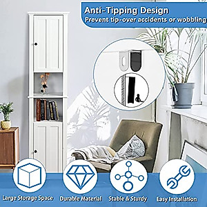 Unovivy Tall Bathroom Storage Cabinet Floor Standing Freestanding Linen Tower with 2 Doors & 6 Shelves, 15.7X 11.8X 66.9 Inches, for Living Room, Kitchen, White