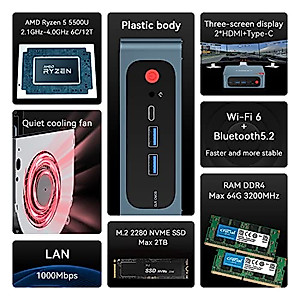TRIGKEY Mini PC Ryzen 5 W11 Pro Desktop AMD 6C12T 5560U 16G DDR4 500G NVME SSD Mini Computer, Support Mini Computer 11/10 Pro, 4K@60Hz HD Triple Display, WiFi 6, BT 5.2, USB 3.2, RJ 45