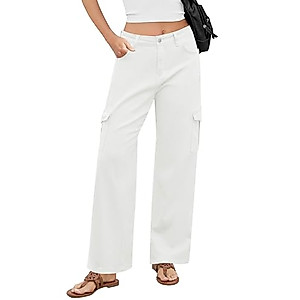 GRAPENT White High Waisted Wide Leg Pants - Stretch Jeans for Women - Off White, Size 12-14