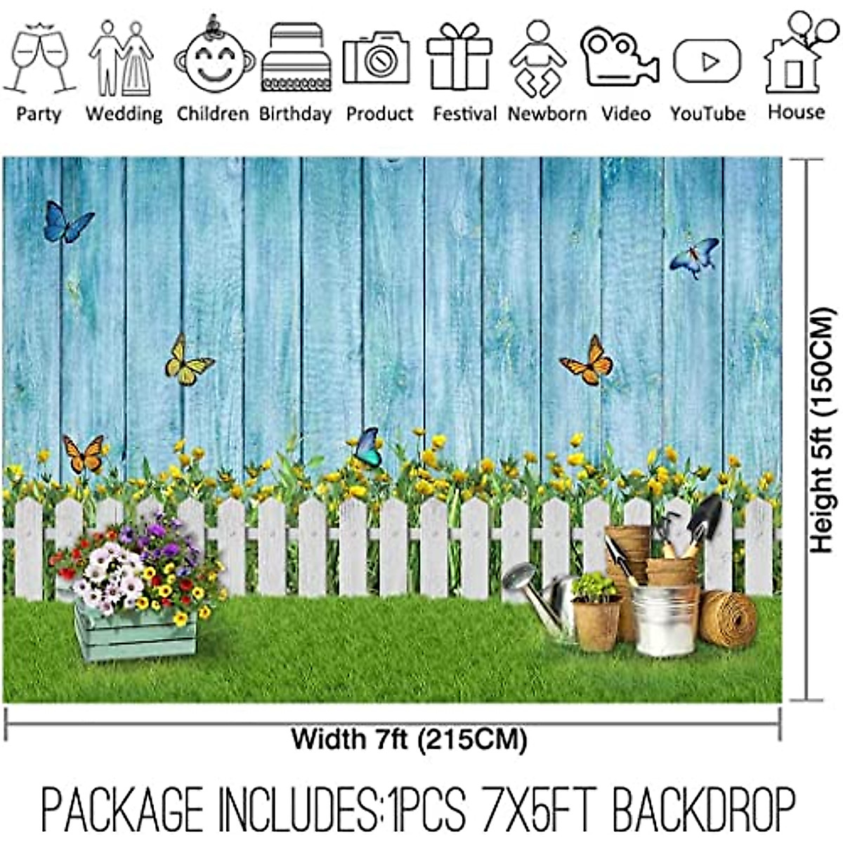 ZTHMOE 7x5ft Fabric Spring Photography Backdrop Easter Garden Floral Background Butterfly Grass Blue Wooden Wall Banner Photo Booth Studio Props