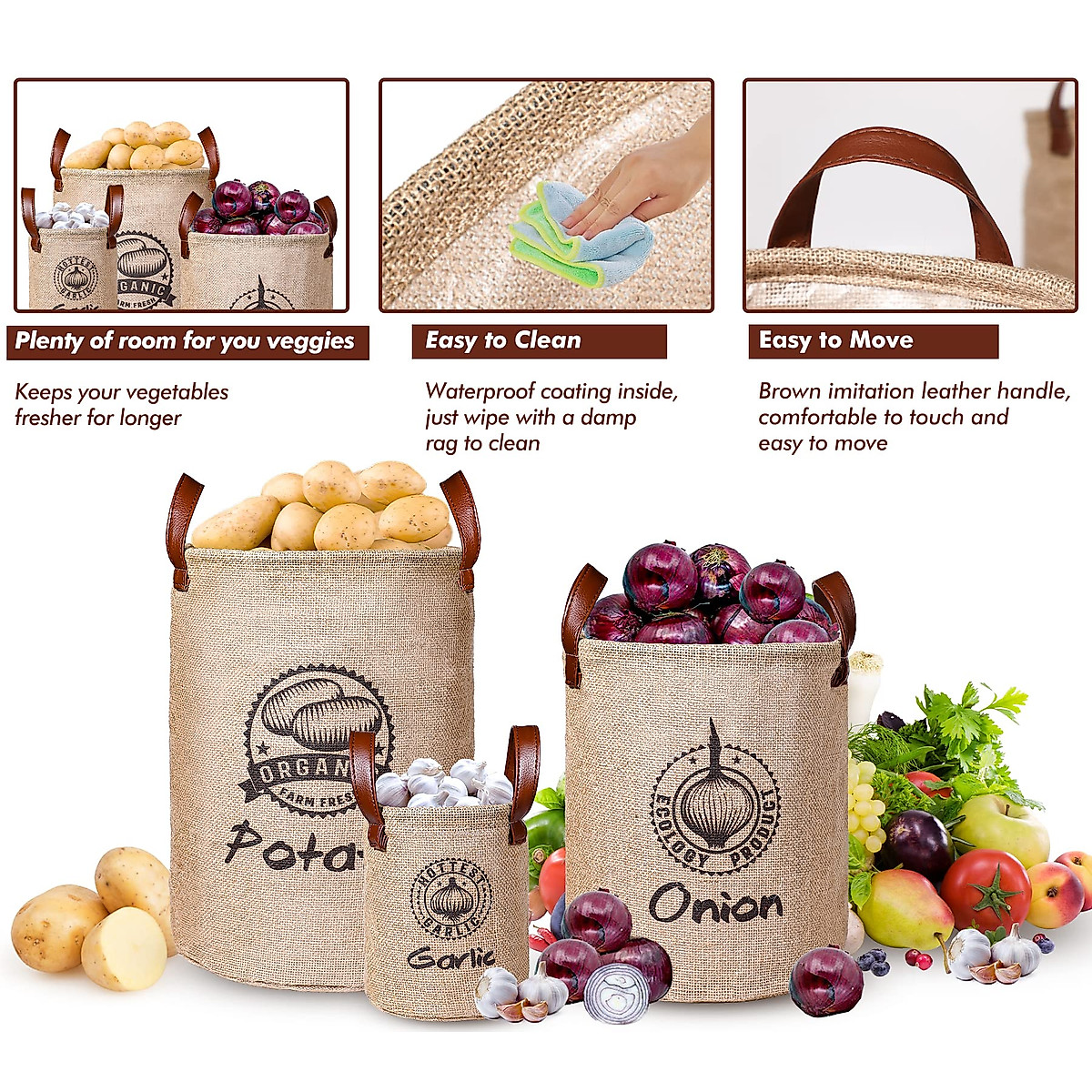 Kamehame Potato and Onion Storage Baskets Pack of 3, Lined Burlap Pantry Storage Bins for Potato Onion Garlic with Handles