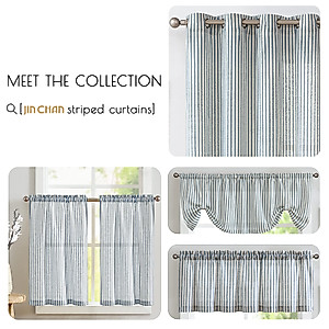 jinchan Kitchen Curtains Linen Striped Tier Curtains 24 Inch Length Ticking Stripe Cafe Curtains Pinstripe Farmhouse Small Window Curtains Tab Top for Living Room Bathroom RV 2 Panels Blue on Beige