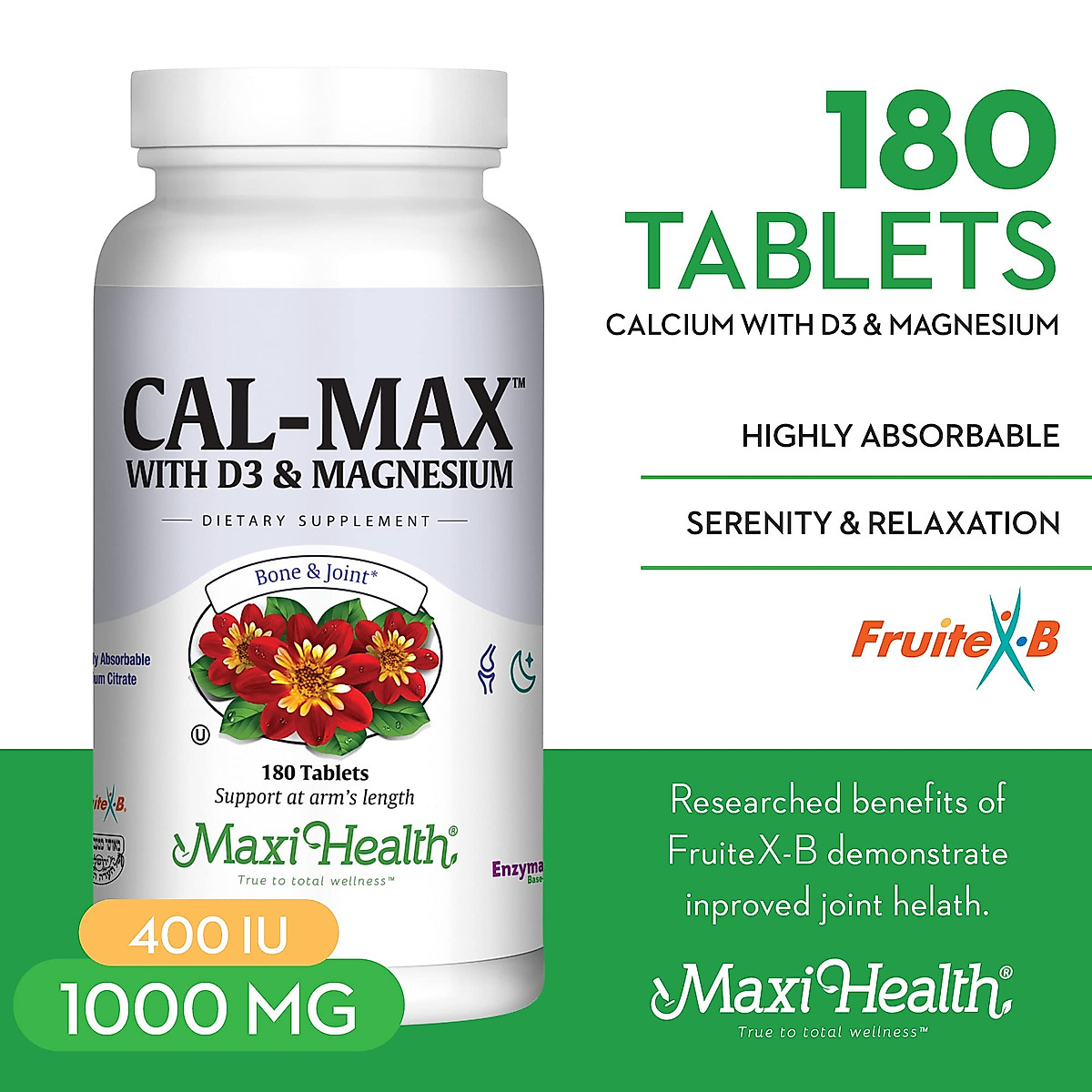 Maxi Health Calcium Magnesium Supplement with Vitamin D3 and Boron - Kosher Bone Health & Nighttime Formula, Calcium Citrate CalMag & Vitamin D (180 Tablets)