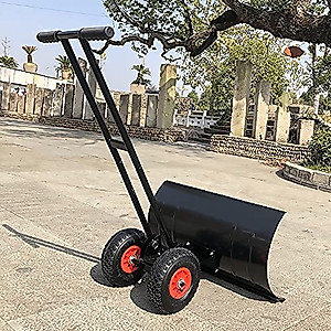 ZhoneQingXninRED Wheeled Snow Pusher Shovel Heavy Duty Rolling with Adjustable Handle & Anti-Skid Wheels and Winter Gloves Removal Tool for Driveway Garden Pavement (29.1x16.5IN )