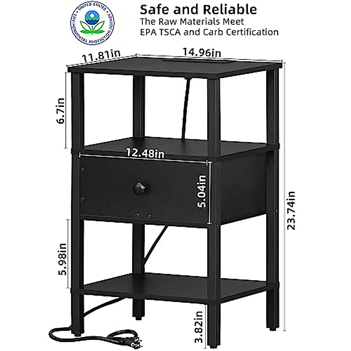 Lerliuo Nightstand with Charging Station and USB Ports, 3-Tier Storage End Table with Drawer Shelf, Night Stand for Small Spaces, Wood Bedside Table for Living Room, Bedroom - Classic Black