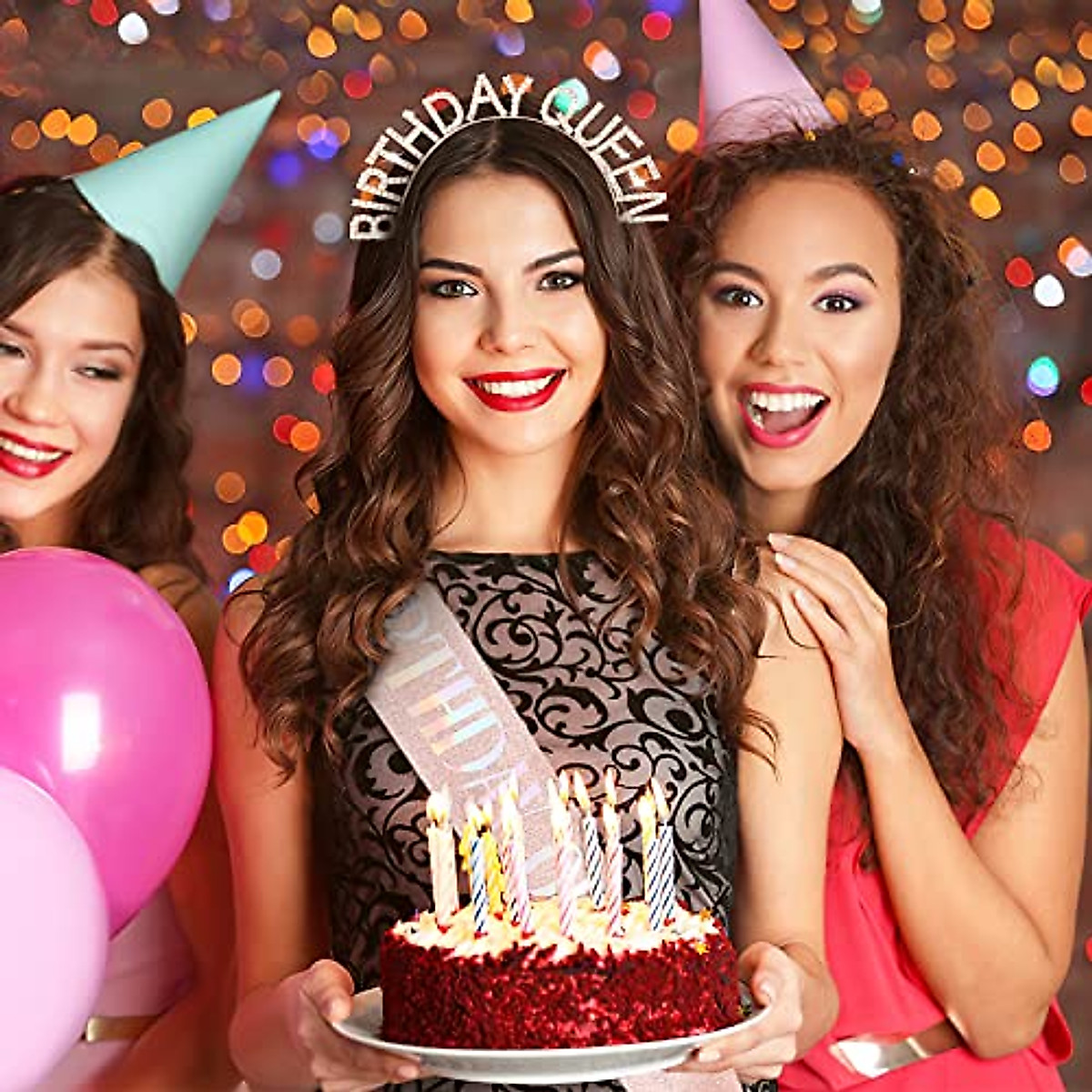 WLLHYF Birthday Queen Sash Crystal Headband Set Rhinestone Tiara Bling Glitter Crowns Hair Band Princess Tiara Sweet Happy Birthday Decorations Accessories for Women Girls