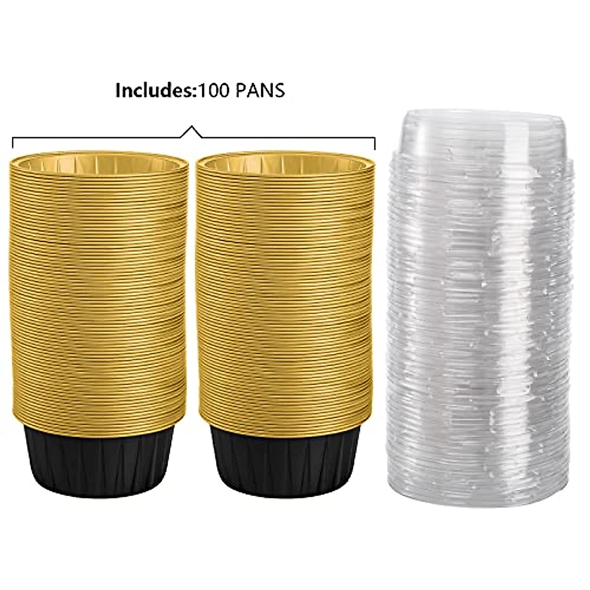 DEAYOU 100 Pieces Aluminum Foil Baking Cups with Lids, 5oz Disposable Ramekins Muffin Cups, 3" Cupcake Foil Liners Tart Pie Tin Pan Holder for Pudding, Souffle, Party, Wedding, Black Gold Color
