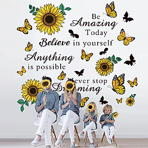 Inspirational Quote Wall Decals Sunflower Wall Stickers Removable Positive Saying Wall Lettering Stickers Peel and Stick for Classroom Home Bedroom Family Office Wall Art Decor