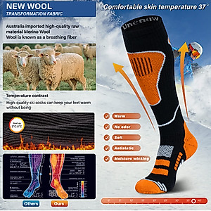 Merino Wool Ski Socks 2 Pairs, Thermal Knee High Warm Socks for Snowboarding, Hiking, Cold Weather, Snow, Hunting