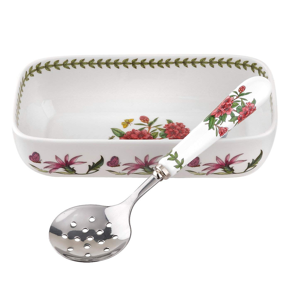 Portmeirion Botanic Garden Cranberry Dish and Slotted Spoon | 2-Piece Set | Rhododendron Motif | Measures 8" | Made of Fine Porcelain | Dishwasher and Microwave Safe