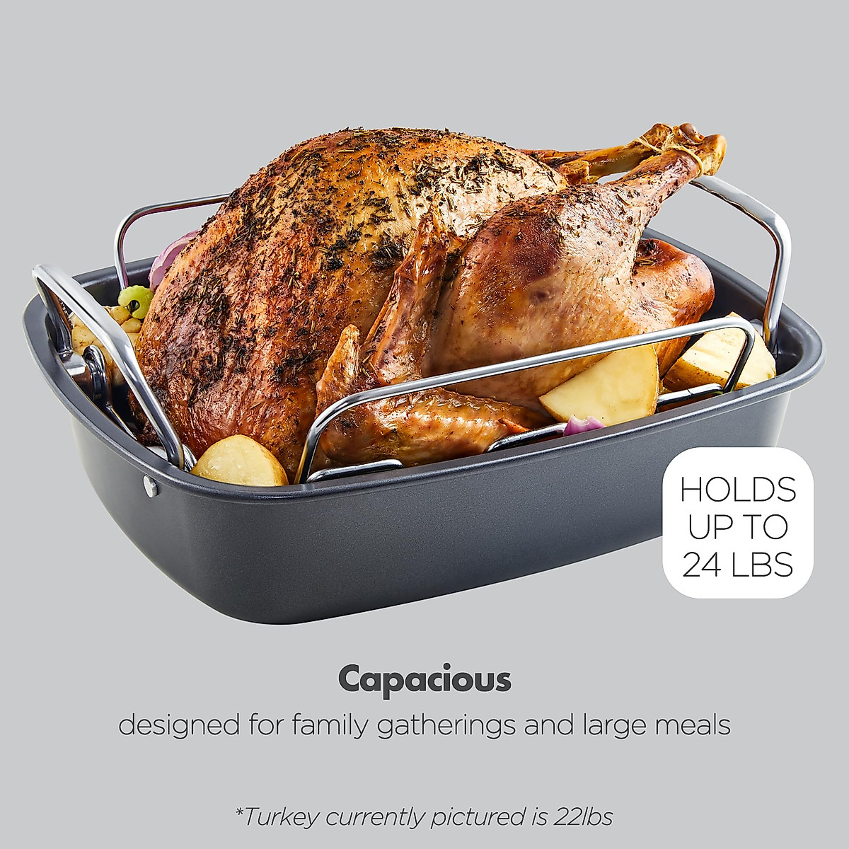 Absorated Roasting Pan with Rack - 17x13.6 Inch Large Turkey Roaster Pan - Double Ply Non-Stick Coated Turkey Pan for Oven - Hold Up to 24 Lbs Chicken, Gray