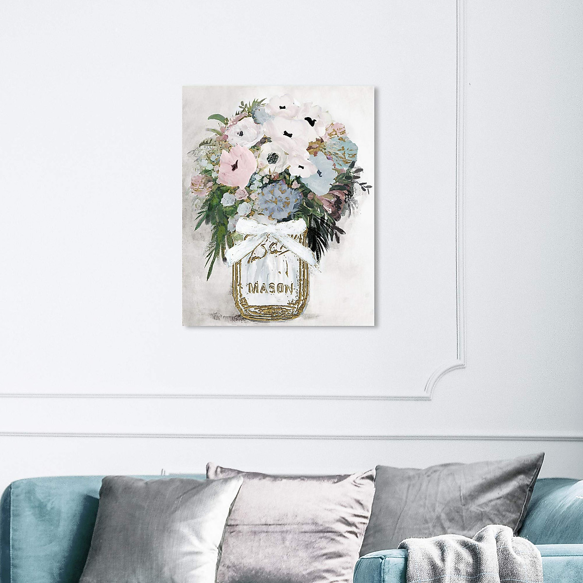 Wynwood Studio Floral and Botanical Wall Art Canvas Prints 'Anemone Mason Jar' Home Décor, 24" x 36", Gold, White
