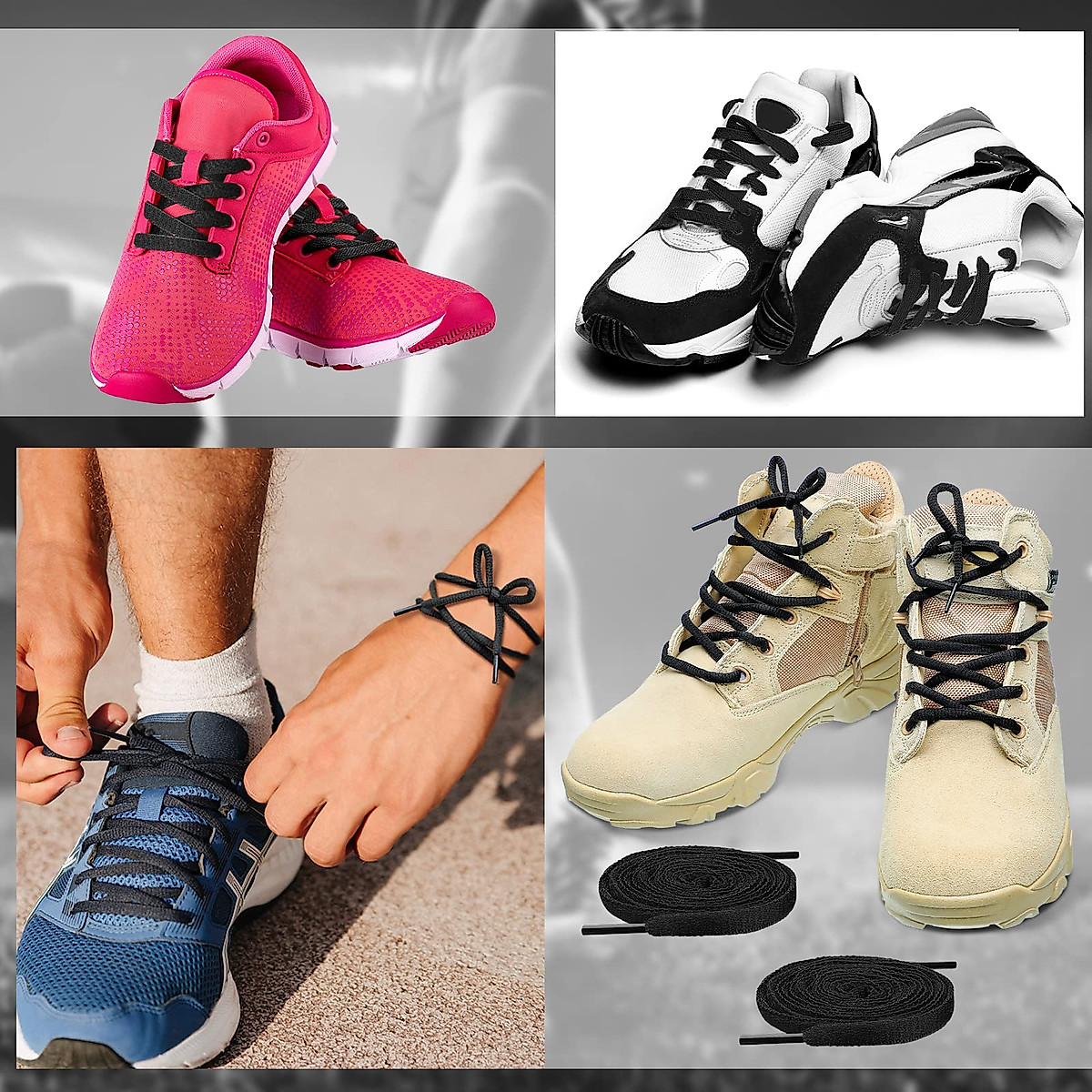 Xinnun 40 Pairs Oval Shoes Laces Bulk 1/4" Half Round Shoe Laces for Sneakers Black White Gray Colorful Shoelaces (Black, 47 Inch)