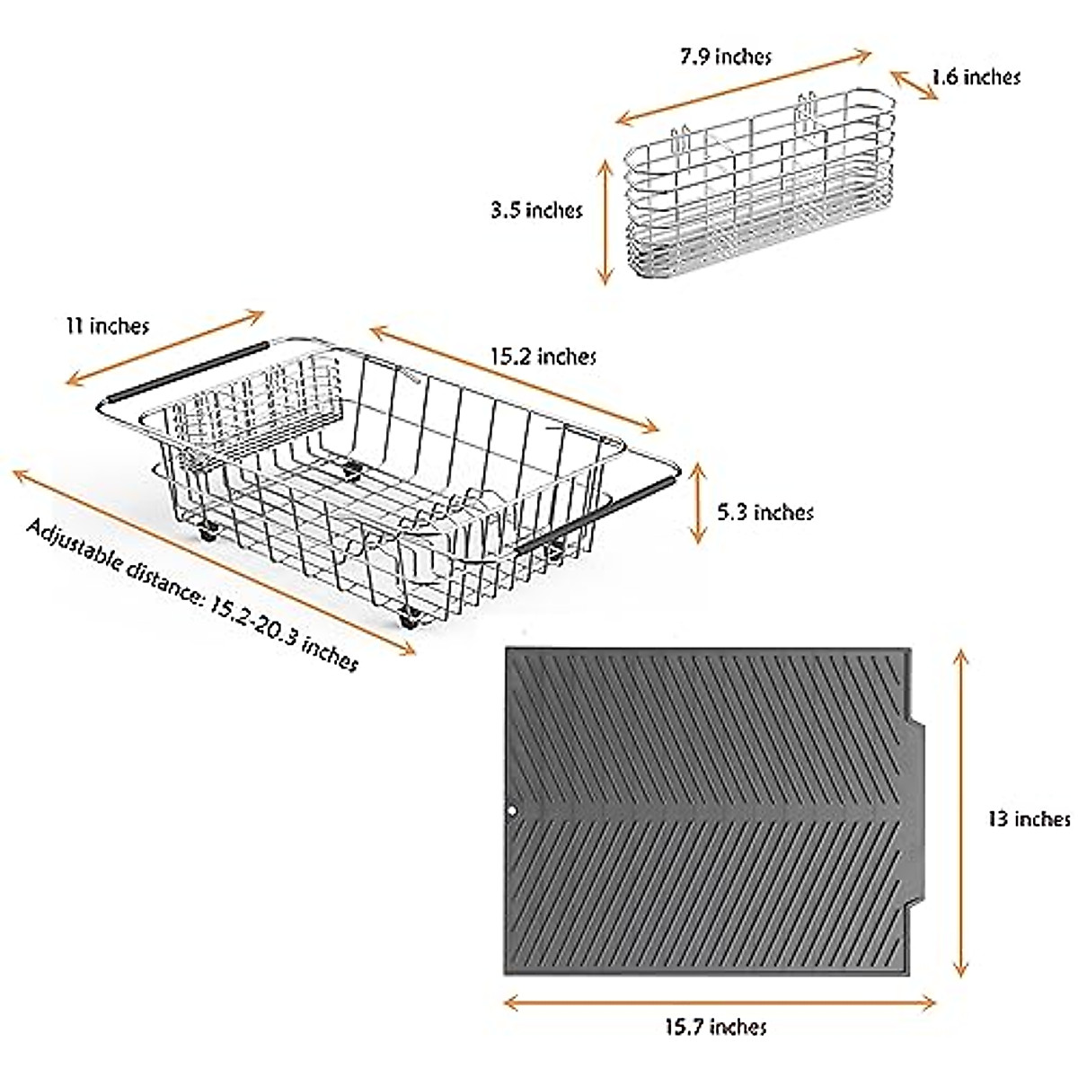 YEECOPON Dish Rack in Sink, Expandable Over The Sink Dish Drying Rack with Utensil Holder and Silicone Drainage pad (Medium + 16" Silicone pad)