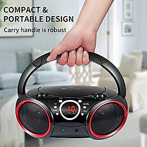 SINGING WOOD 030C Portable CD Player Boombox with AM FM Stereo Radio, Aux Line in, Headphone Jack, Supported AC or Battery Powered (Black with a Touch of Red Rims)