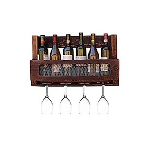 Stylish Simplicity Wine Rack Wall-Mounted Wine Rack and Glass Holder,Solid Wood Retro Home and Kitchen Bar Decoration Accessories, Pine Wood, Can Accommodate 6 Bottles of Red Wine and 4 Goblets , PIB