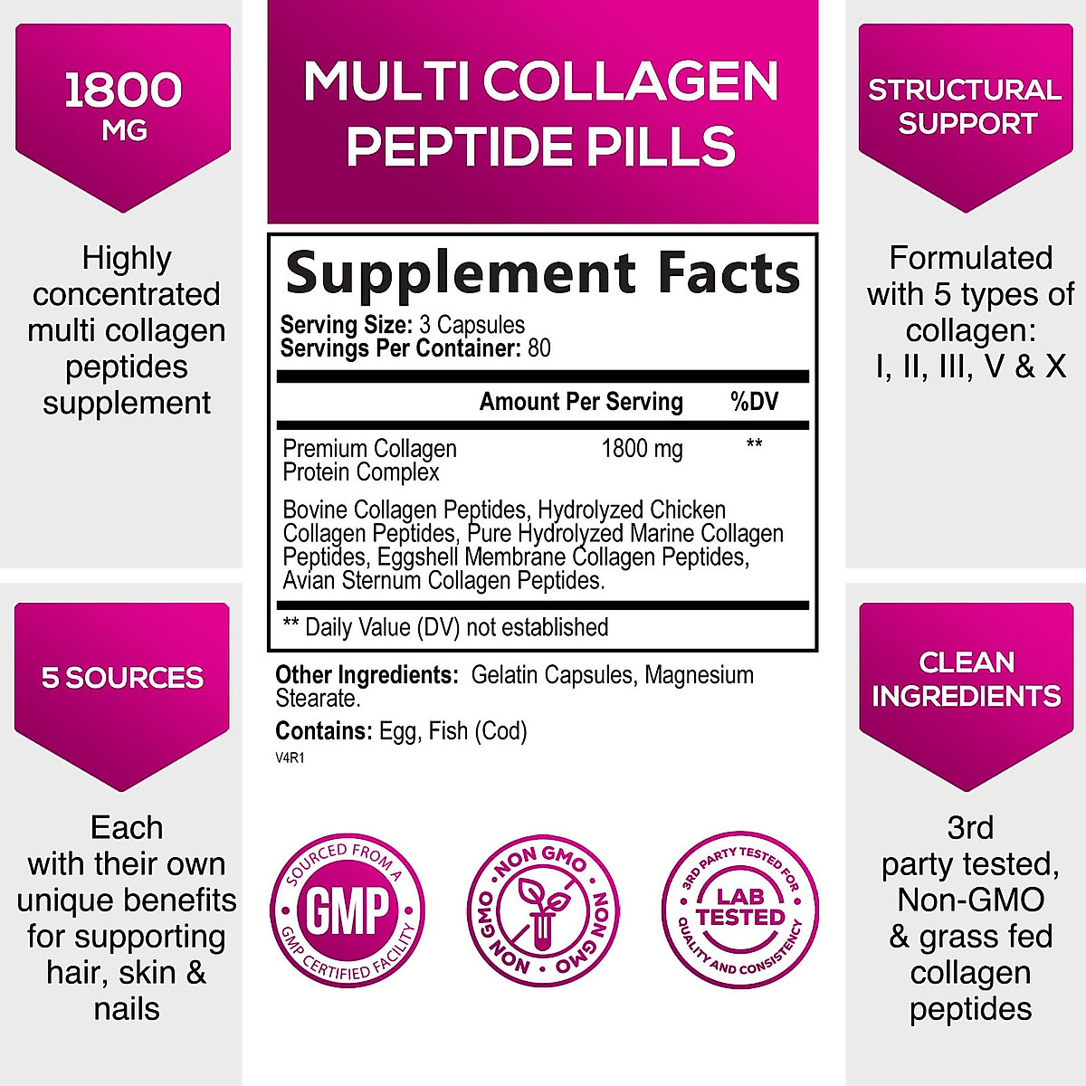 Collagen for Women & Men, Type I, II, III, V, X Collagen Pills Complex, Grass Fed Non-GMO, Nature's Hydrolyzed Multi Collagen Peptides Supplement, Hair, Skin, Nail, Joint Health Support - 240 Capsules