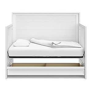STORKCRAFT Luna 5-in-1 Convertible Crib with Drawer (White) – GREENGUARD Gold Certified, Crib with Drawer Combo, Full-Size Nursery Storage Drawer, Converts to Toddler Bed, Daybed and Full-Size Bed
