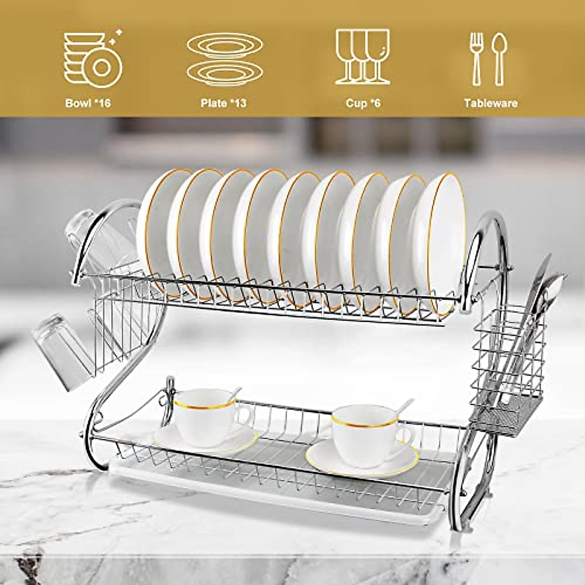 Zvonema Dish Drying Rack, Stainless Steel Dish Racks for Kitchen Counter, 2 Tier Small Dish Drainers with Drainboard & Removable Utensil Holder, Space Saving Dish Rack, Silver