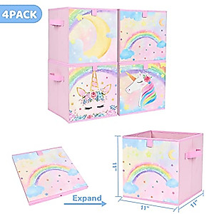 Cube Storage Bins - 4 Pack Fabric Foldable Storage Cube Organizer for Kids Decorative Storage Baskets with Handles 11" x 11" Home Closet Nursery Room Bedroom (Unicorn)