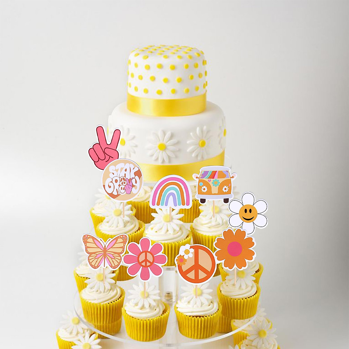 36 PCS Hippie Party Cupcake Toppers Peace Sign Hand Butterfly Two Groovy Cupcake Picks Dasiy Flower Bus 60s Retro Boho Cake Decorations for Hippie Two Groovy Carnival Theme 2nd Birthday Party Supplies