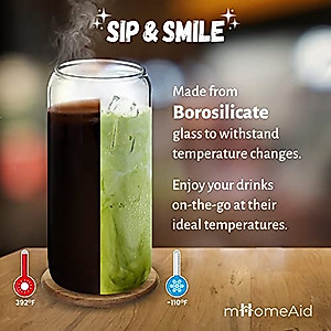 Glass Cups With Bamboo Lids and Straws - 4 pc 16oz can shaped glass bottle with silicone sleeve - Cute Reusable drinking glass tumbler set for iced coffee, espresso, beer, smoothie and juices mHomeAid